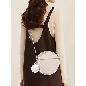 GM LIKKIE Round Crossbody Purse for Women, Circle Quilted Clutch Bag, Small PU Leather Evening Shoulder Handbag (Beige)