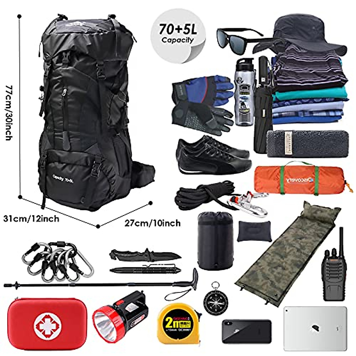 WintMing 75L Hiking Backpack with Rain Cover Waterproof Camping Backpack Shoes Warehouse for Men Women, Frameless (black)