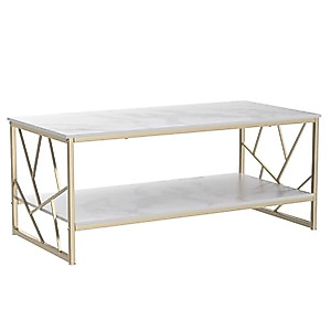 MKJLWO White Coffee Tables for Living Room, Square Marble Gold Coffee Table 2-Tier Storage Modern Center Table White Home Furniture Office Decor 43×21in