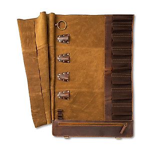 Angus Stoke Premium Leather Knife roll Storage Bag XXL - 14 Pockets, Buffalo Leather with Shoulder Strap, Chef's Knife Bag case Rene (Walnut-Brown)