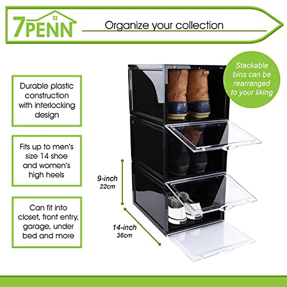 7Penn Plastic Shoe Boxes with Lids 6pk Black - Shoe Storage Containers for Display - Stackable Shoe Organizer