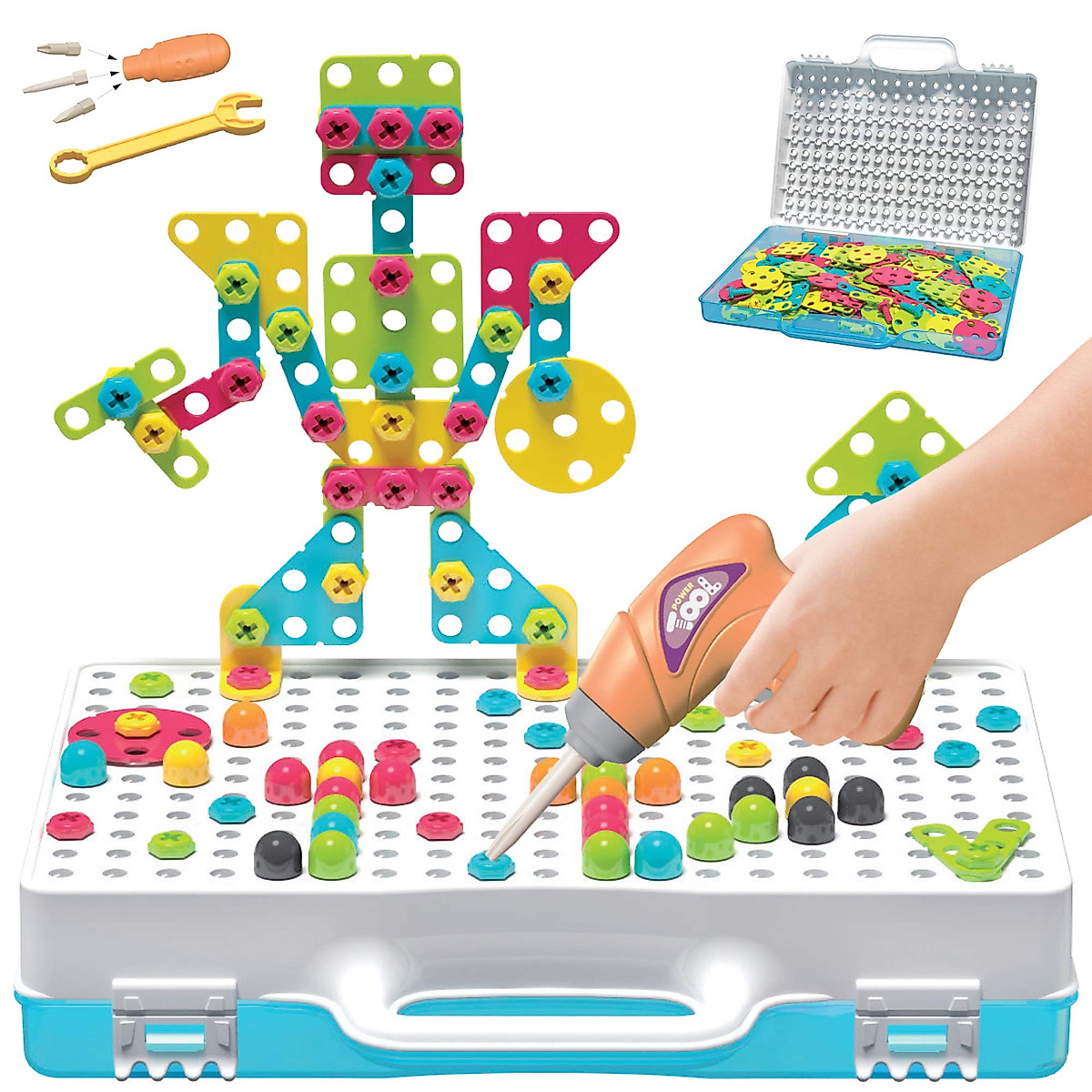 249 PCS STEM Learning Toys – Electric Drill DIY Educational Set, Creative Engineering with Various Shapes and 5 Toy Tools – 2&3D Mosaic Construction Kit for Toddlers, Boys and Girl Ages 3 4 5 6 7 8 9