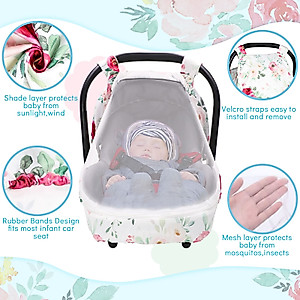Car Seat Cover & Carseat Headrest Strap Covers for Babies, Summer Cozy Sun & Warm Cover, Flower