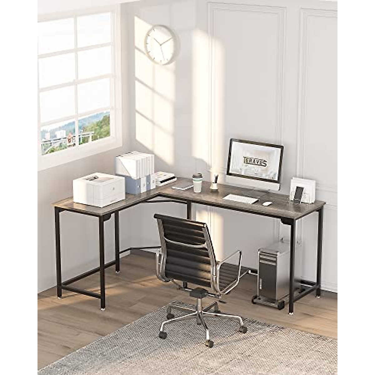 Teraves Modern L-Shaped Desk 66'' Corner Computer Desk Home Office Study Workstation Wood & Steel PC Laptop Gaming Table