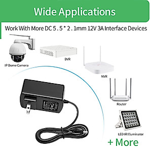 Security-01 AC to DC 12V 3A Power Supply Adapter 5.5mm x 2.1mm for CCTV Camera DVR NVR UL Listed FCC