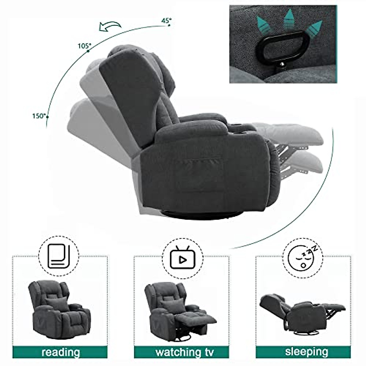 SAMERY Swivel Rocker Recliner Chairs, Manual Recliner Chair 360 Degree Swivel Nursery Rocking Chair Glider with Lumbar Pillow, Cup Holders, Side Pockets, Home Theater Seating, Fabric