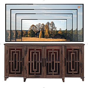 JXQTLINGMU Ultra Large 70 inch TV Stand for 80 Inch TV, LED Media Console with 3-Sides Hollow Out Glass Doors, Farmhouse Entertainment Center with Storage for Living Room, Bedroom, Brown