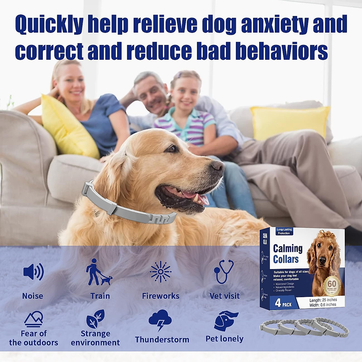 Calming Collar for Dogs 4 Packs,Dog Calming Collar,Pheromone Collar for Dogs,Relief Anxiety Stress Separation,Lasts 60 Days,25 Inches Size Flexible Adjustable, for All Small Medium and Large Dog