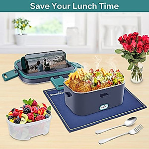 BlumWay Electric Lunch Box, 1.8L Food Heated Electric Lunch Box Leak-proof, 60W Heating Lunch Box with 304 Stainless Steel, 3 in 1 for 12V 24V 110V Portable Lunch Warmer for Office Car Truck