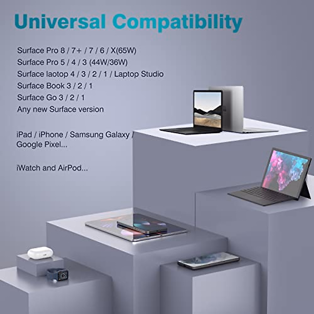 Surface Pro Charger for Microsoft Surface Pro 9, 8, 7+, 7, 6, 5, 4, X, Windows Surface Laptop 5, 4, 3, Studio, Surface Go, Surface Book 3, 2, 1, 65W Surface Laptop Charger + 20W USB C, LED, 10FT