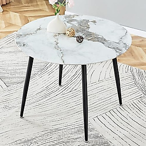 JBFF 40" Modern Minimalist Glass Dining Table for 2-4, 0.3" Thick White Circular Imitation Marble Pattern Tabletop with 4 Black Metal Legs, Suitable for Dining Living Room Restaurant