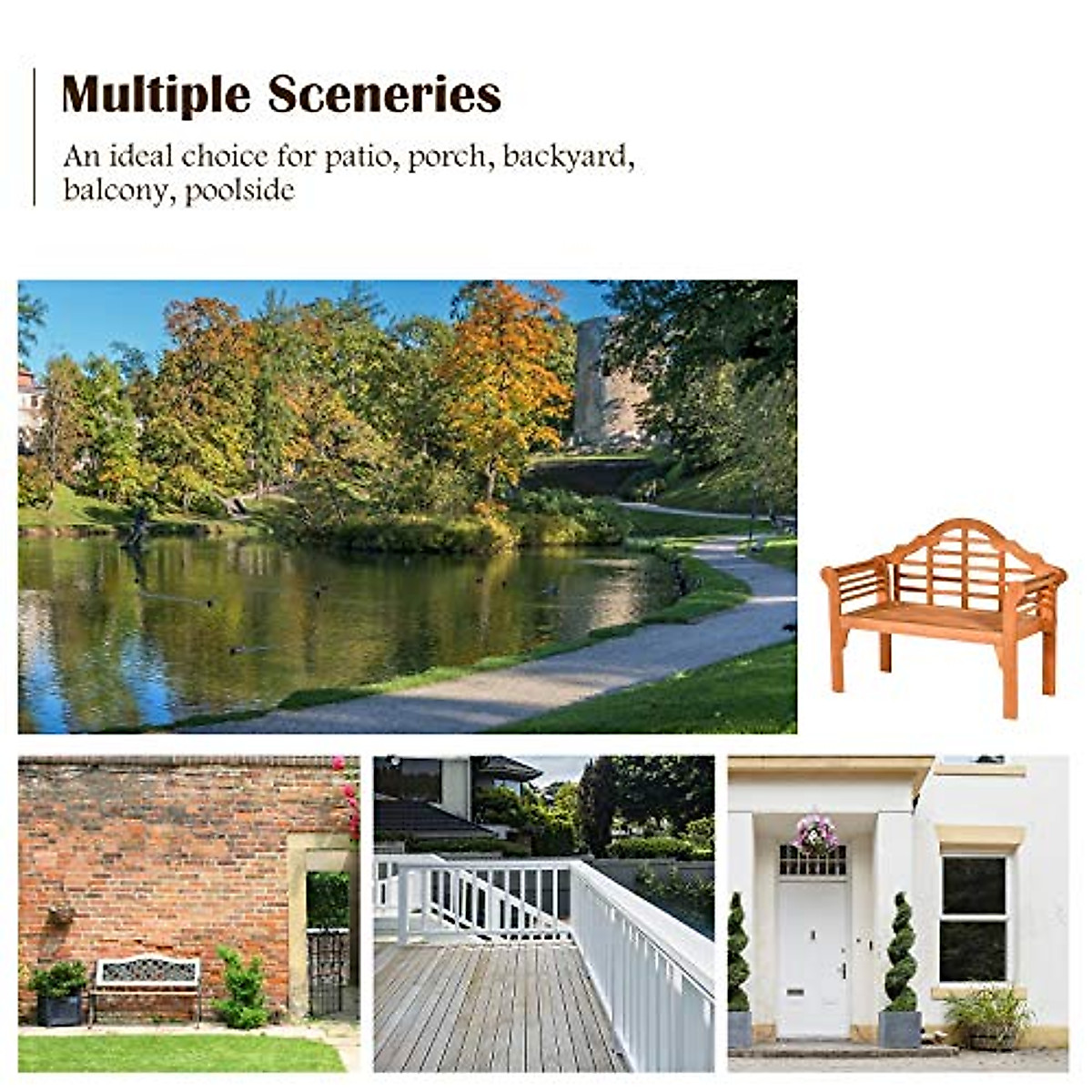 RELAX4LIFE Wooden Garden Bench for Outdoors & Indoor Patio Foldable Bench 4 Ft with Crown-Like Backrest and Curved Armrest Poolside, Porch, Balcony, Garden Eucalyptus Two Person Loveseat Chair