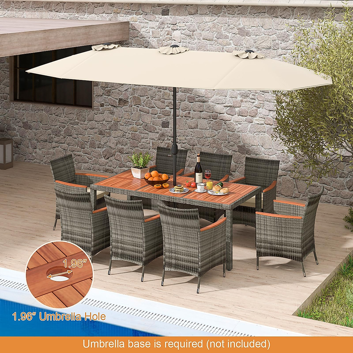 HAPPYGRILL 9 Pieces Outdoor Dining Set, Acacia Wood and Rattan Furniture Set with 1 Large Rectangular Table and 8 Chairs with Cushions, Patio Wicker Dining Table and Chairs Set