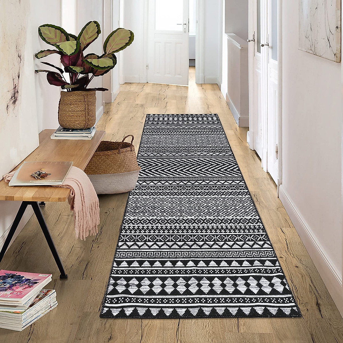 Fashionwu Machine Washable Rug 2x12 Runners for Hallway, Boho Bathroom Rug Low Pile Geometric Area Rug Black and White Rug for Entryway Non-Slip Throw Rugs for Indoor Entry Rug for Bedroom, 2x12 Feet