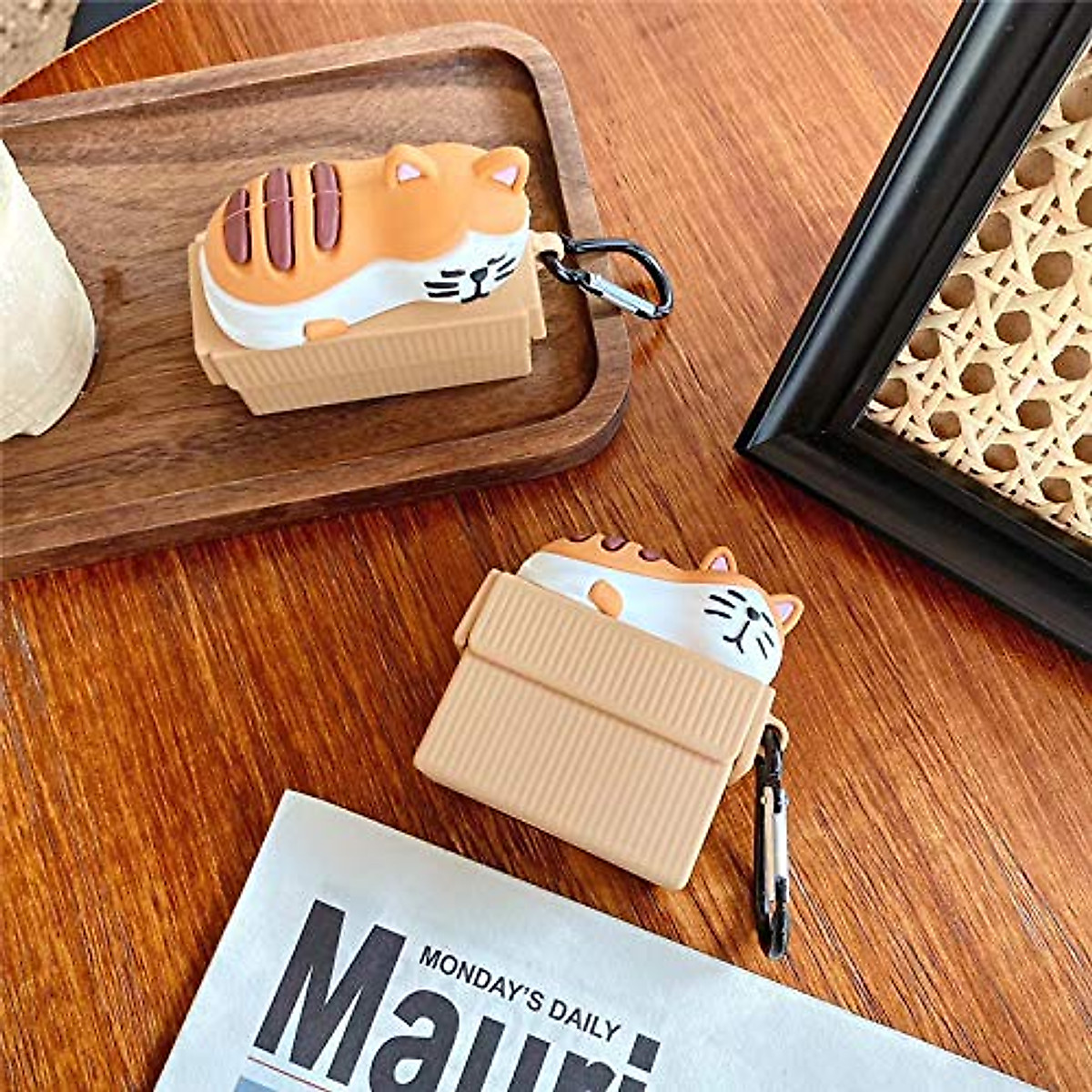 UR Sunshine Super Cute Lying On Box Sleeping Yellow Cat Earphone Case for AirPods Pro, Kawaii Peaceful Kitty Soft Silicone Gel Earbud Cover Case Compatible with AirPods Pro +Hook