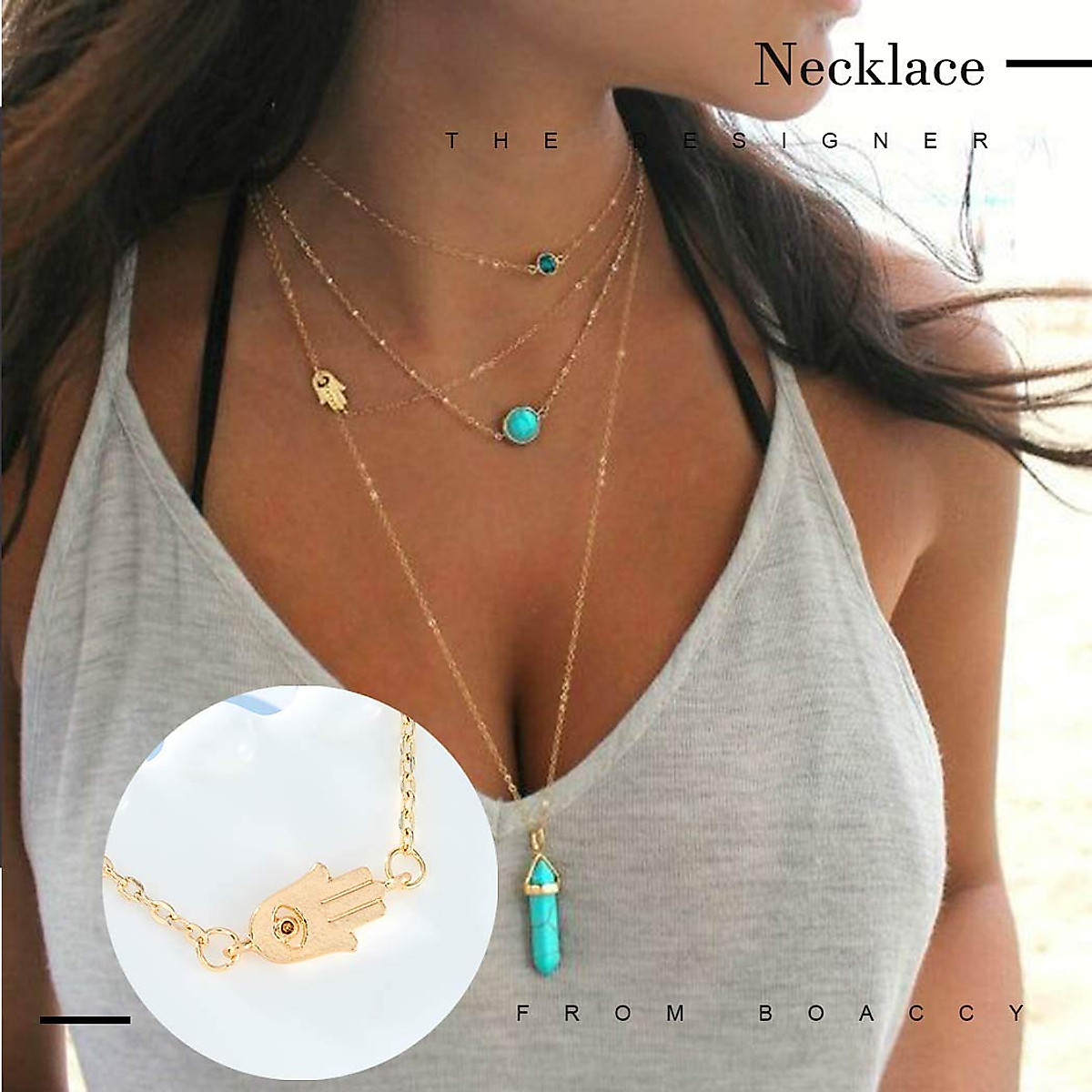 Boaccy Boho Layered Turquoise Pendant Necklace Crystal Necklaces Hand of Fatima Necklace Chain Gold Jewelry for Women and Girls