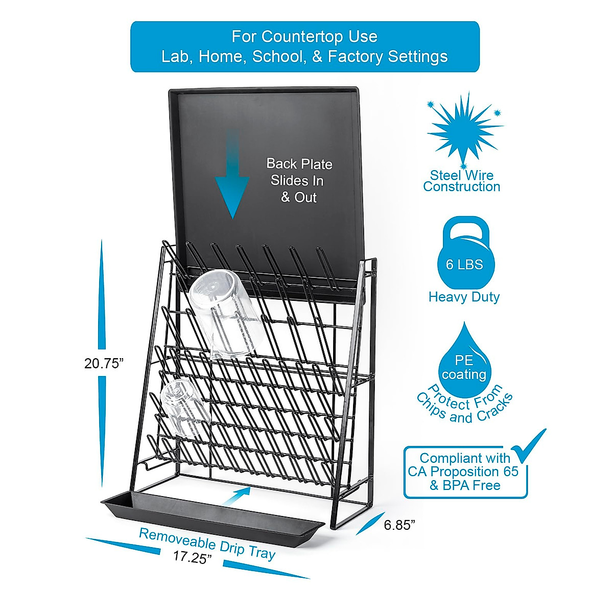 IneVibe Drying Rack for Lab Glassware and Bottles - Laboratory Draining Dryer Stand for Countertop, Space Saving Steel Wire Frame - Station for Baby Feeding Bottle