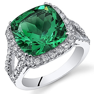 PEORA 6.50 Carats Simulated Emerald Ring for Women 925 Sterling Silver, 11mm Cushion Cut, Size 7