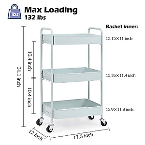 TOOLF 3-Tier Rolling Cart, Easy Assembly Metal Utility Cart with Lockable Wheels, Storage Craft Art Cart Trolley Organizer Serving Cart for Office, Bathroom, Kitchen, Kids' Room, Green