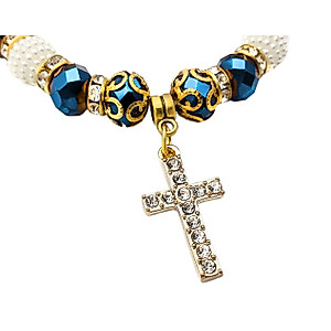 Nazareth Store Catholic Crystallized Cross Deep Blue Crystal Beads Wrist Rosary Bracelet Adjustable Elastic Bangle