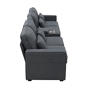 Tmsan 114.2" Modular Sectional Sofa Couch for Living Room Apartment, Modern Linen Upholstered Couch with 2 Cup Holders & 2 USB Charging Ports & 4 Pillows & 3 Storage Pockets, 4-Seat (Dark Grey)
