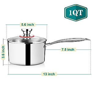 P&P CHEF Small 1 Qt Saucepan, Tri-Ply Stainless Steel Milk Sauce Pan with Glass Lid, Kitchen Induction Cookware for Cooking Boiling Stewing, Dishwasher Safe, Silver
