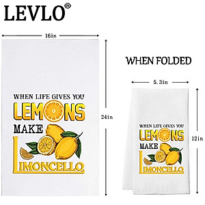 LEVLO Funny Lemon Kitchen Towel Lemon Lover Gift When Life Gives You Lemons Tea Towels Housewarming Gift Waffle Weave Kitchen Decor Dish Towels with Sayings (Gives You Lemons)