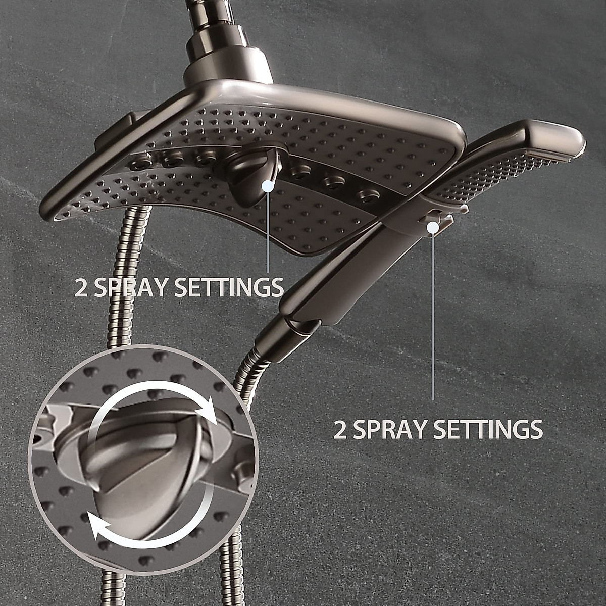 BRIGHT SHOWERS 10 Inch Shower Arm Extender with Shower Head Combo with Two Spray Setting Fixed Shower Head and Two Spray Settings Handheld Shower Head with Grey Face, Brushed Nickel