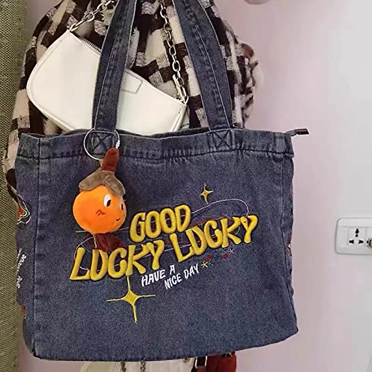 Tote Vintage Denim Embroidery Casual Cool Girl Shoulder Bag Soft Student Large Capacity Shopping Bag Harajuku (blue)