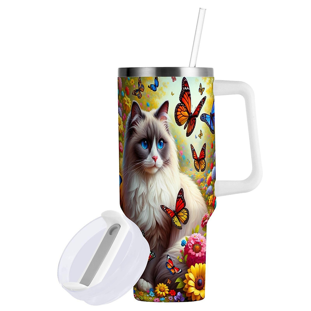 ODAWA Butterfly Cat Insulated Tumbler 30 Oz Coffee Travel Mug with Handle and Straw Lid