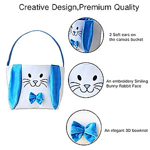 Poptrend Easter Basket Bags,Bunny Easter Bucket，Easter Eggs/Gift Baskets for Kids,Bunny Tote Bag Bucket for Easter Eggs,Toys, Candy,Gifts (Blue)