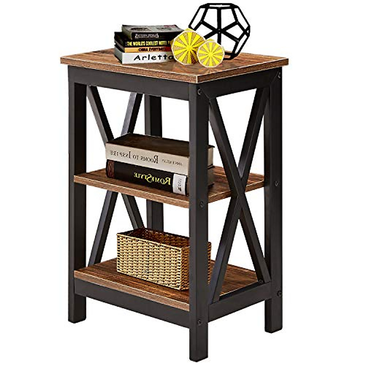 VECELO Modern Night Stand/Sofa Side/End Storage Shelf X-Design Versatile Nightstands Lamp Table Living Room Bedroom Furniture,Easy Assembly, Brown