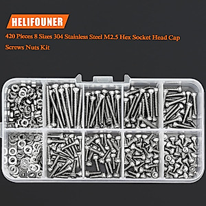 HELIFOUNER 420 Pieces M2.5 x 4mm /6mm /8mm /10mm /12mm /16mm /20mm /25mm, Hex Socket Head Cap Bolts Screws Washers Nuts Kit, 304 Stainless Steel