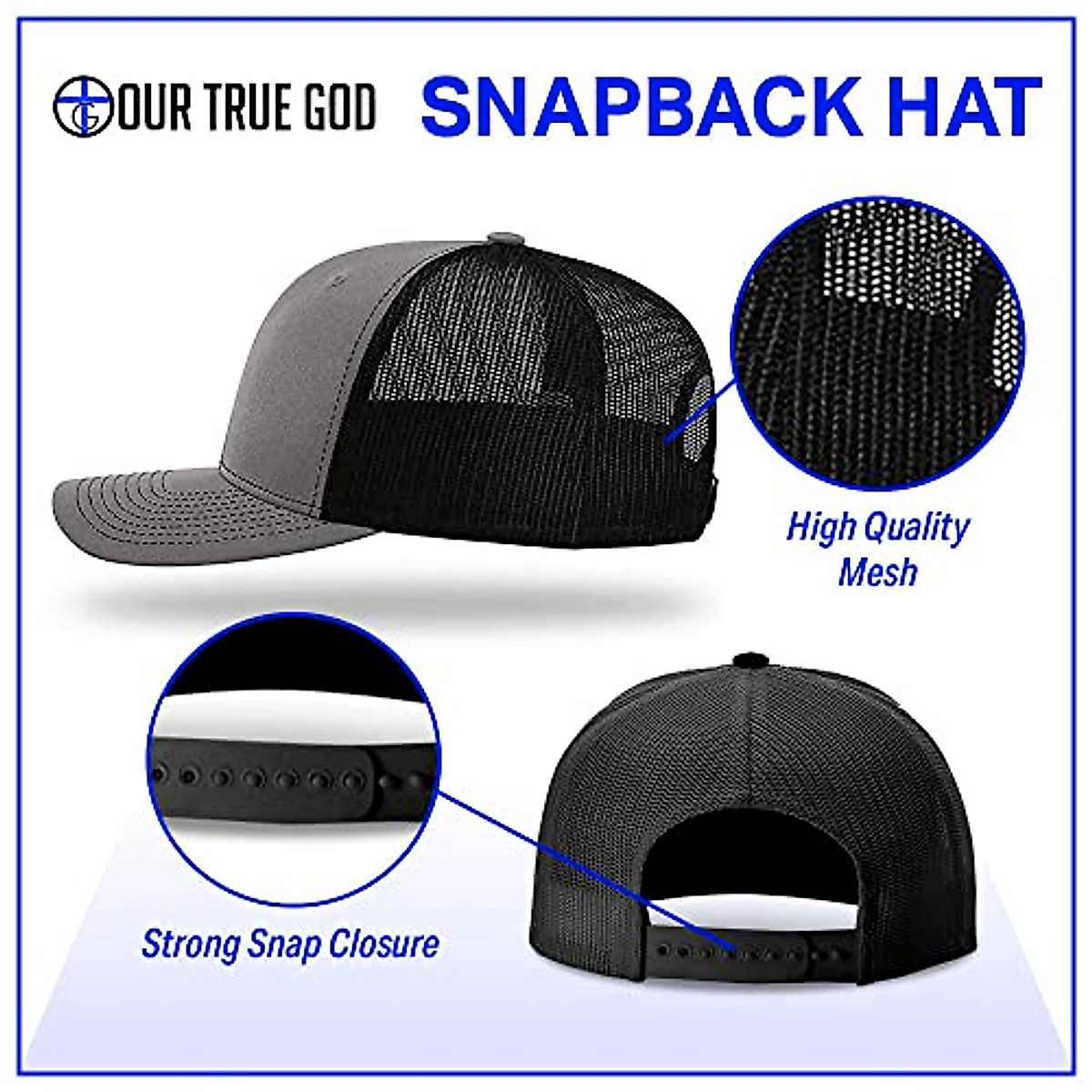 Our True God Faith Over Fear Back Mesh Hat Christian Inspirational Gift Baseball Cap (Charcoal Front Black Mesh) Medium-Large