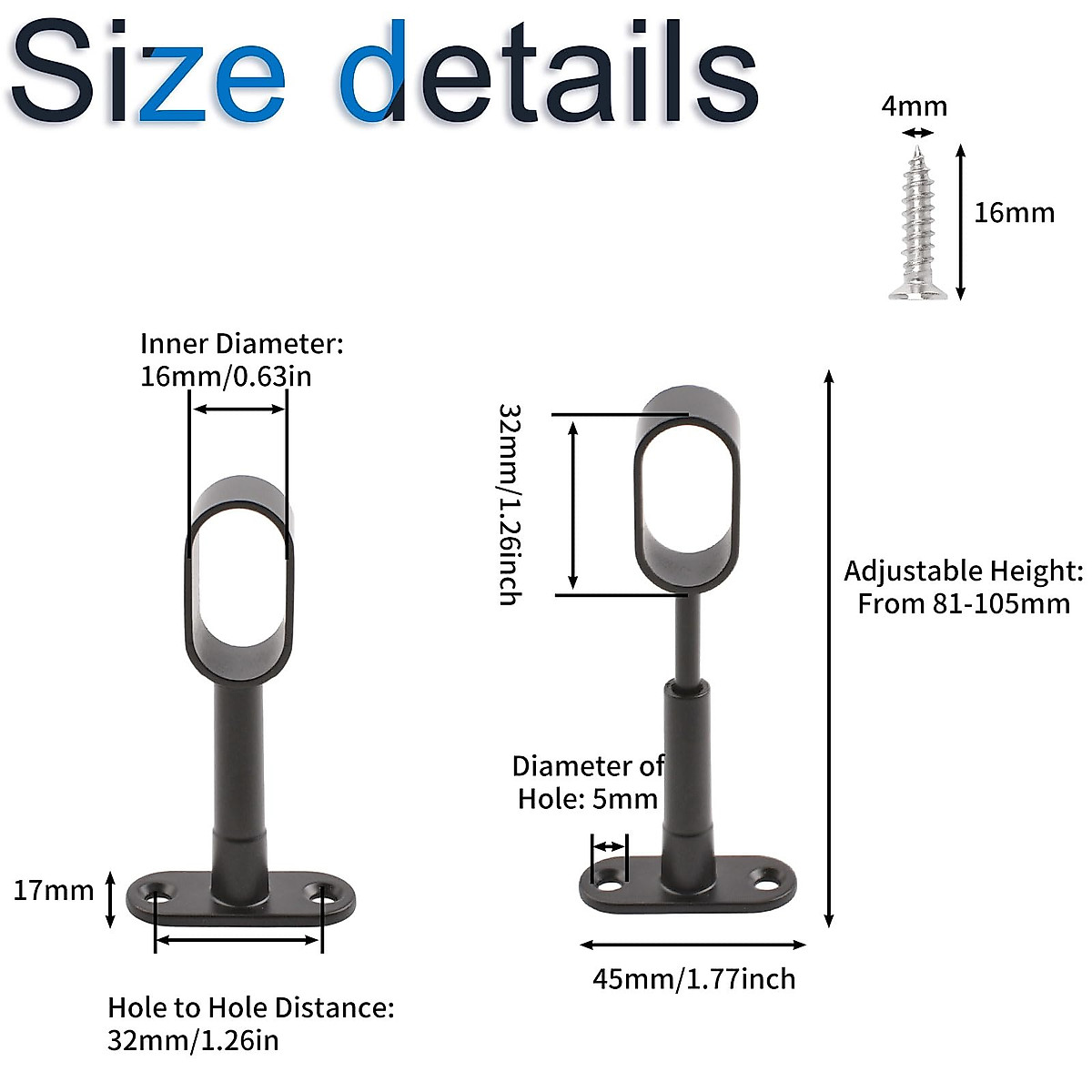 INCREWAY 4pcs Black Closet Rod Support, Zinc Alloy Oval Wardrobe Rod End, Adjustable Hollow Rod Bracket for Cabinet Bedroom Bathroom