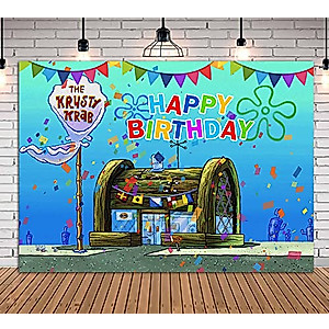 QHY Cartoon Animation Spongebob Theme Photography Backdrop Children Happy 1st Birthday Party decors Banner The Krusty Krab Photo Background Vinyl Baby Shower Booth Studio Props 8x6FT