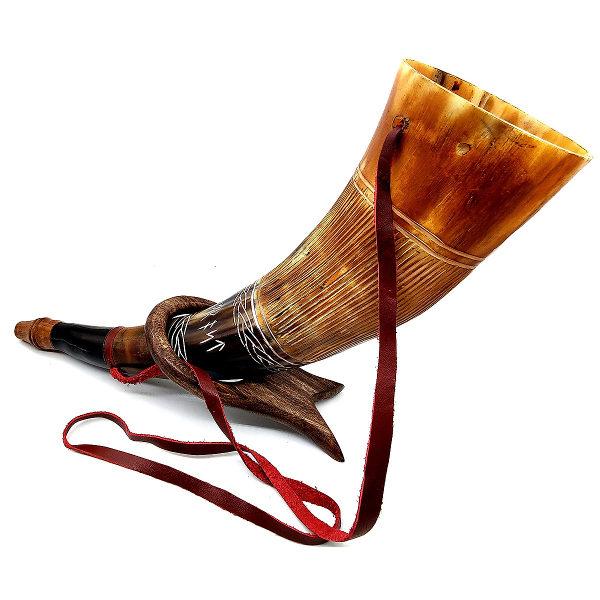 Viking War Horn - 16" Genuine Ox-Horn Battle Trumpet - Premium Hand Engraved Blow Horn Viking Norse Cattle Ancient Horn Bugle -Bugle Hunting Tool BATTLE HORN | BLOWING HORN | VIKING HORN With stand