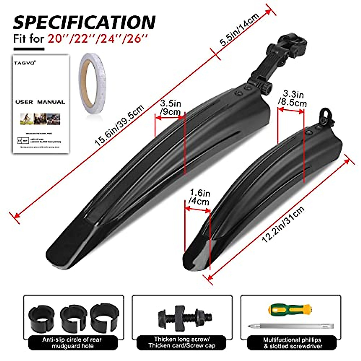 TAGVO Bike Fender Set, 2 Parts-Universal Full Cover Thicken Widen Bicycle Mudguard Set Mountain Bike Front and Rear Mud Guard Portable Adjustable Bike Fender Mudflap for MTB Mountain Road Bike