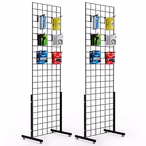 Bonnlo 6' x 2' Wire Grid Panel Tower with T-Base Floorstanding, Thicker 5mm Wire, 180 LBS Weight Capacity Grid Wall Display Rack with Hooks 4", 6" and 8", 2-Pack Black