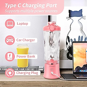 Portable Blender, Personal Blender for Shakes and Smoothies - USB Rechargeable 20oz Mini Blender with 6 Blades and ToGo Cup for Sports Travel Gym