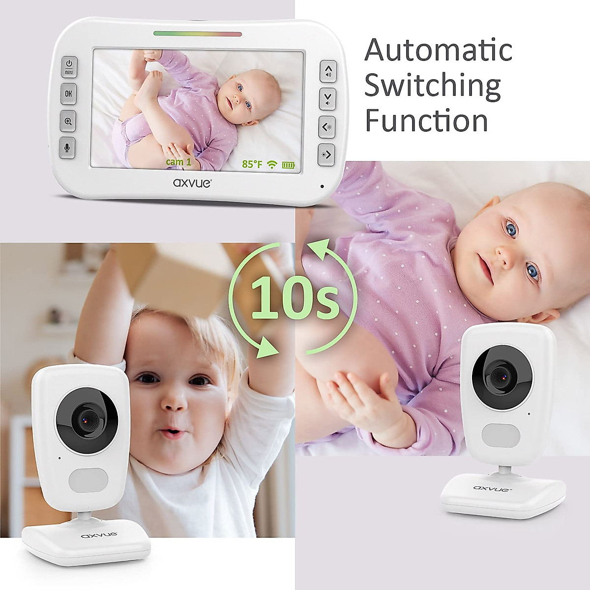 AXVUE Video Baby Monitor, Comfortable Slim Design Handheld Enclosure, 5.0" Screen Monitor & 2 Camera, Range up to 1000ft, 8 Hour Battery Life, 2-Way Talk, Night Vision, Temperature Monitor, No WiFi.