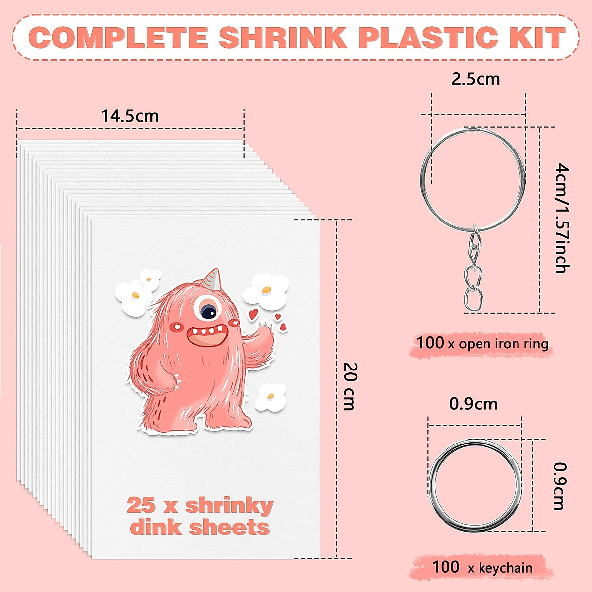 OFNMY 225PCS Shrinky Dinks Kits,Shrinky Dink Sheets,Shrink Plastic Sheets Kit with 25PCS Shrinky Dink Paper,100PCS Keychains and Open Iron Ring for Kids Creative Craft Marking, Handprint Keychains