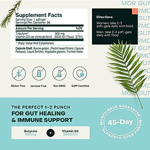 GUT ARMOR | Gut Health + Immune Support | Postbiotic for Men and Women | Pure Butyrate 500mg & Vitamin D3 3000IUs | Abdominal Comfort | Acid Reflux | Gastrointestinal Support | 90 Soft Gel Capsules