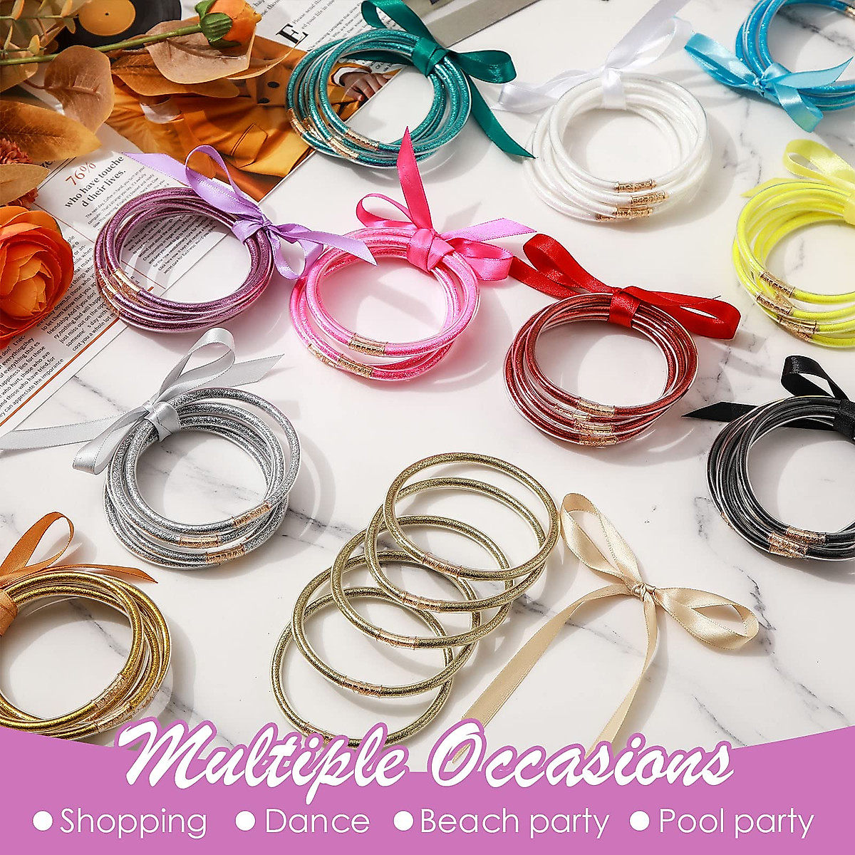 Xinnun 60 Pieces Glitter Jelly Bracelets Jelly Bangle Bracelets Set Colorful Glitter Filled Silicone Bracelets with Ribbon Bow for Girl Women Valentine's Day