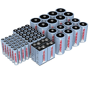Tenergy AA AAA C D 9V Battery, NiMH Rechargeable Batteries Combo, 68 Pack, 24 Pack AA Cells, 24 Pack AAA Cells, 8 Pack C Cells, 8 Pack D Cells and 4 Pack 9V Batteries
