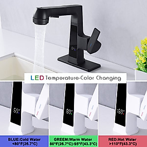 Qeemee LED Bathroom Faucet with Pull Out Sprayer, Matte Black Temperature Digital Display Sink Faucet 5 Water Flow Modes with 360° Swivel Spout Single Handle Lift Brass Faucet
