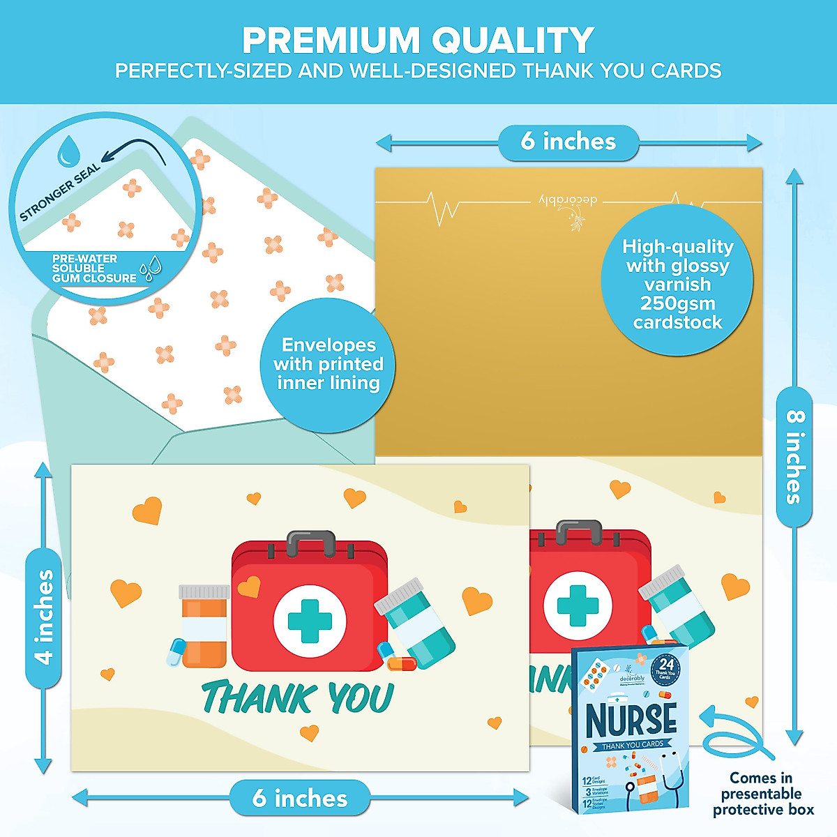 Decorably Thank You Cards with Envelopes & Stickers - 24 Pack Nurse Thank You Card, Blank Inside Medical Thank You Cards for Nurses Week Cards, 6x4in Nurse Thank You Cards for Medical Staff