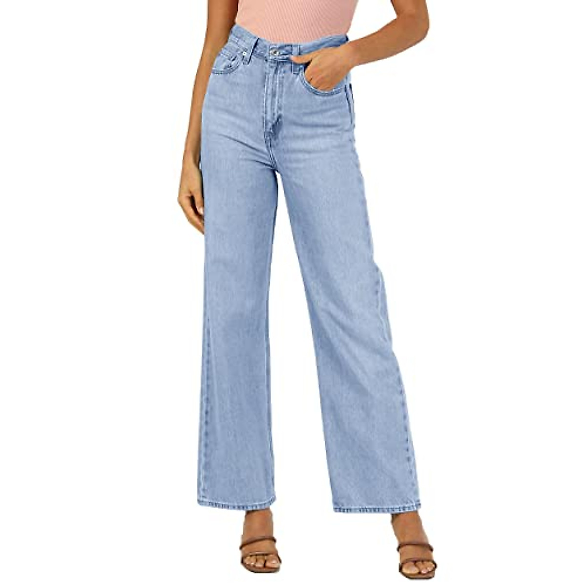 SySea Women's Straight Jeans Casual Loose High Waist Solid Wide Leg Ankle Denim Pant, Sky Blue, 4