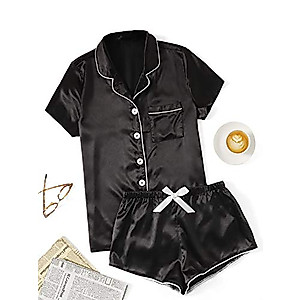 WDIRARA Women's Sleepwear Striped Satin Short Sleeve Shirt and Shorts Pajama Set Dull Black S