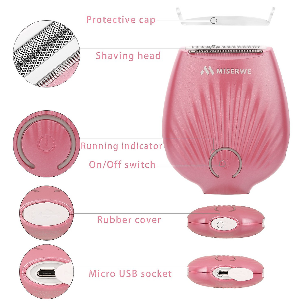 Miserwe Electric Razors for Women Electric Lady Shaver Mini IP4X Waterproof Rechargeable Cordless Shavers for Women Professional Pubic Hair Trimmer